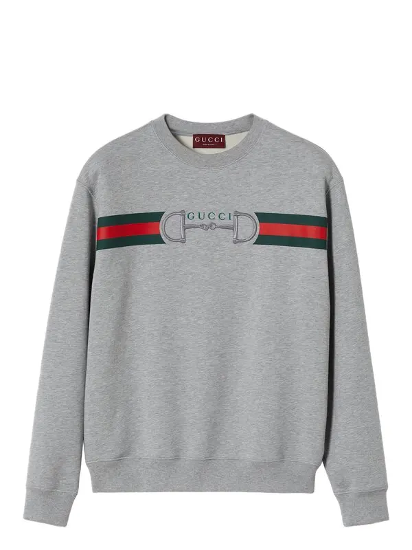 Gucci Horsebit Web-print Embroidered Crewneck Sweater - Grigio