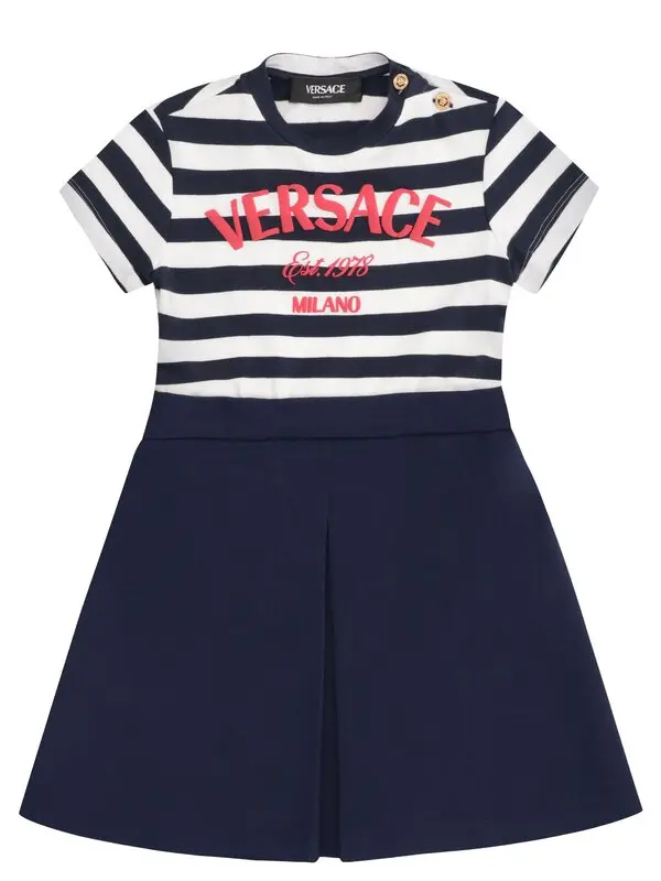 YOUNG VERSACE Striped Cotton Mini Dress - Blue