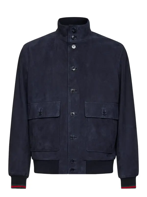 Gucci Stand-collar Leather Jacket With Dropped Shoulders And Web Trim - Blu