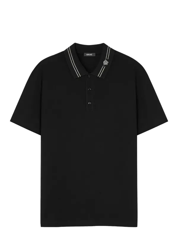 Versace Medusa Embroidered Short-sleeve Polo Shirt With Pointed Collar And Three-button Placket - Nero