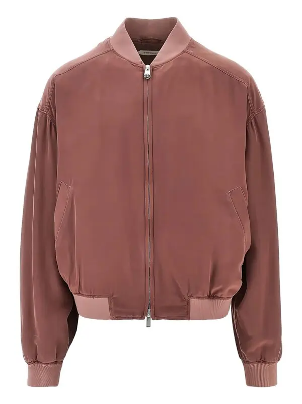Versace Garment-dyed Silk Bomber Jacket With Ribbed Trim And Embroidered Logo - Viola