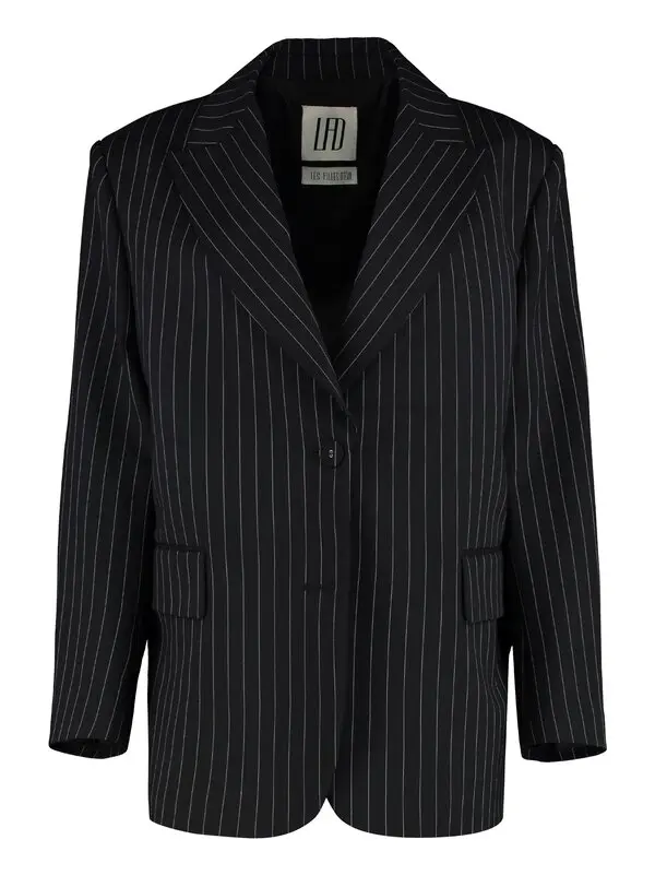 LES FILLES D'EVA Oversized Pinstripe Blazer With Notch Lapel & Structured Shoulders - Black