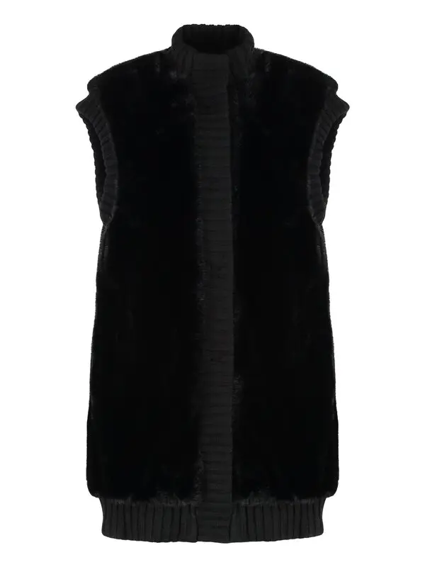 Pinko Long Fur-effect Vest With Ribbed Trim - Black