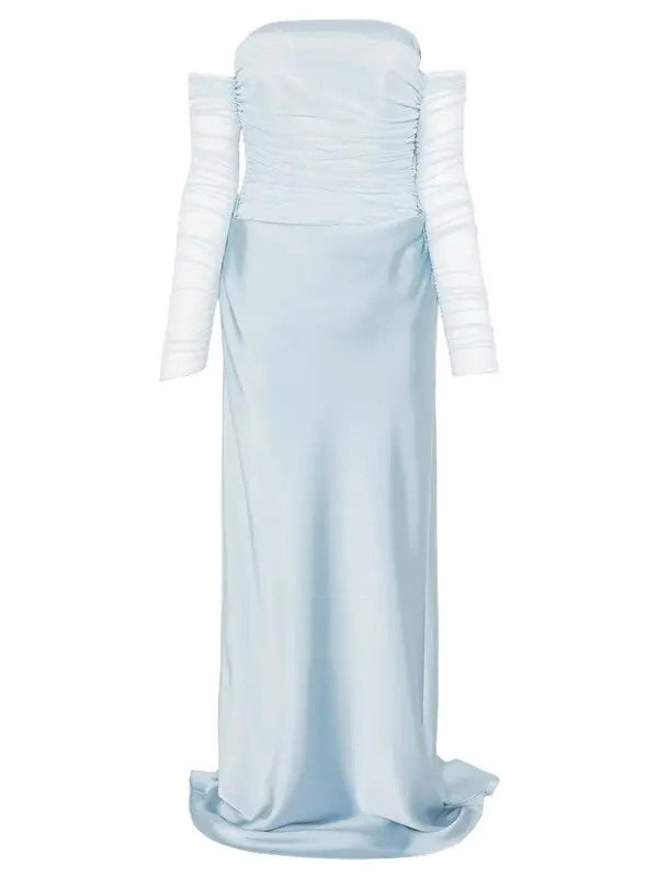 ROTATE BY BIRGER CHRISTENSEN Off-the-shoulder Maxi Dress With Sheer Mesh Sleeves And Draped Front - Azzurro