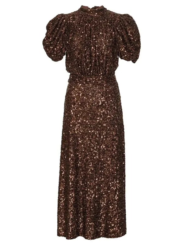 ROTATE BY BIRGER CHRISTENSEN Sequined Midi Dress With Short Sleeves - Marrone