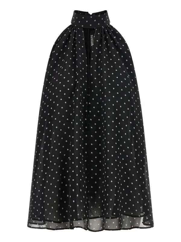 ROTATE BY BIRGER CHRISTENSEN Sleeveless Chiffon Dotted Print High Neck Top With Side Bow Detail - Nero