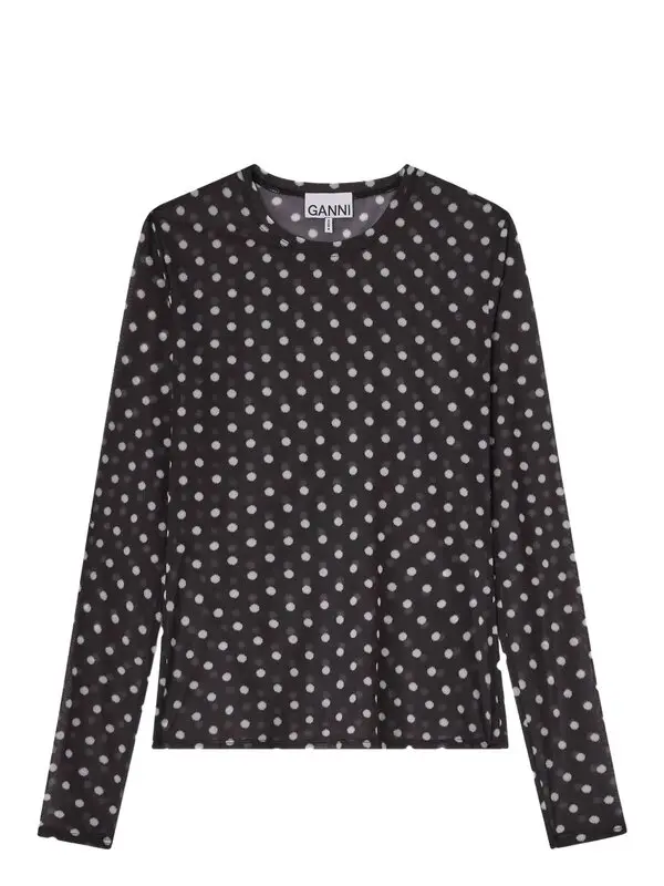 GANNI Polka Dot Sheer Round Neck Long Sleeve Top - Nero