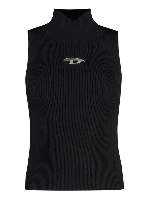 DIESEL® Ribbed Tank Top With Oval Metal Detail - Black