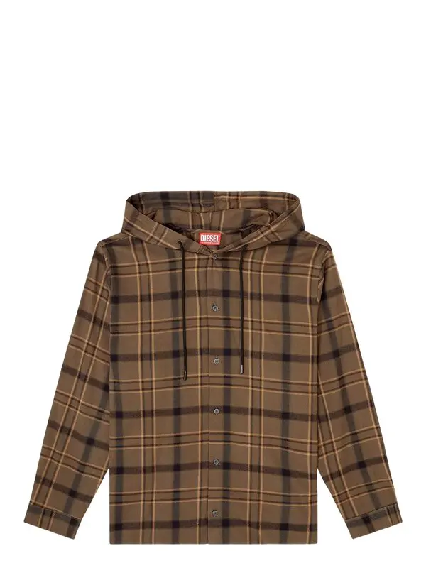 DIESEL® Hooded Button-front Shirt With Adjustable Drawstring & Distressed Logo - Marrone