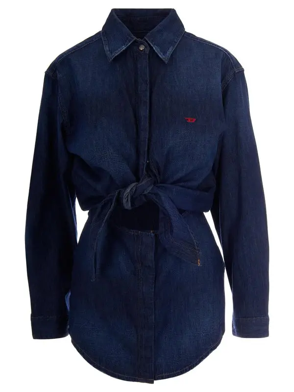 DIESEL® Blue Denim Shirt Dress With Tie Detail - Blu