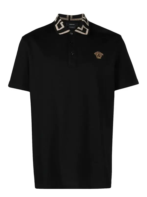 Versace Greek Embroidered Medusa Logo Polo Shirt With Short Sleeves And Pointed Collar - Nero