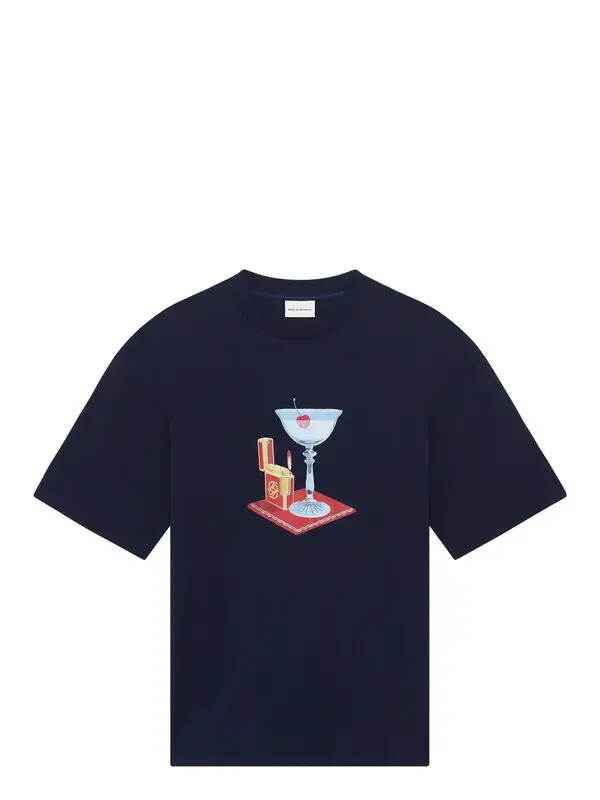 Drole De Monsieur Cocktail Print T-shirt With Ribbed Crew Neck - Blu