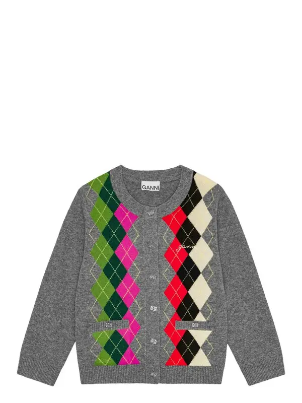 GANNI Style Merino Wool & Cashmere Check Knit Cardigan With Logo Embroidery - Grigio