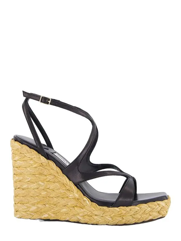 JIMMY CHOO Raffia Wedge Sandals With Adjustable Ankle Strap - Nero