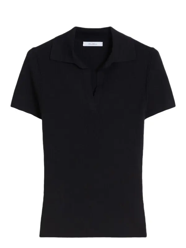 Max Mara Slim Fit Virgin Wool Open Polo Collar Top - Blu