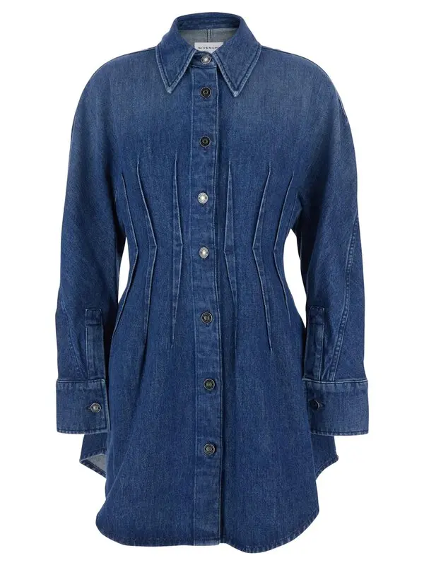 Givenchy Classic Collared Button-up Denim Dress With Cinched Waist And Pleated Front - Blu