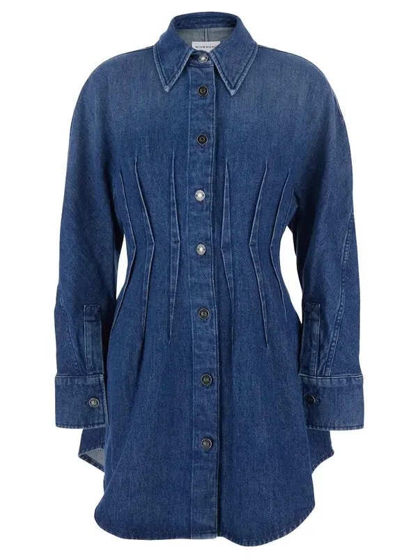Givenchy Classic Collared Button-up Denim Dress With Cinched Waist And Pleated Front - Blu