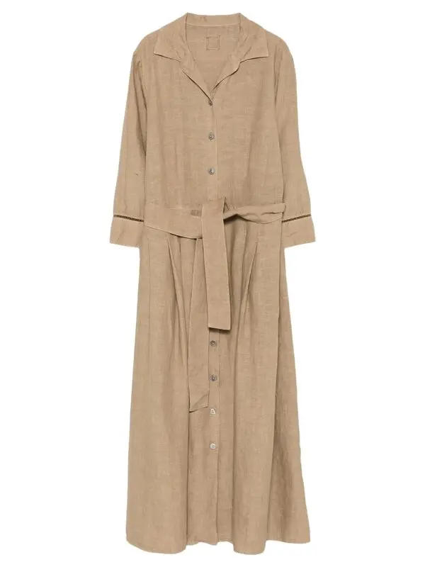120% Lino Linen Mini Dress With Short Sleeves And Belted Waist - Verde