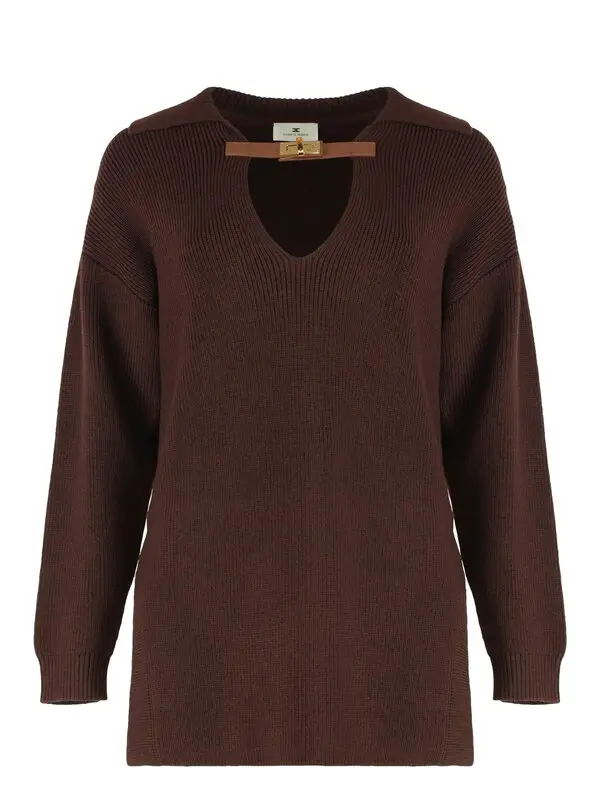 Elisabetta Franchi Mixed Wool Sweater With Jewel Strap And Tortoiseshell-effect Detail - Brown