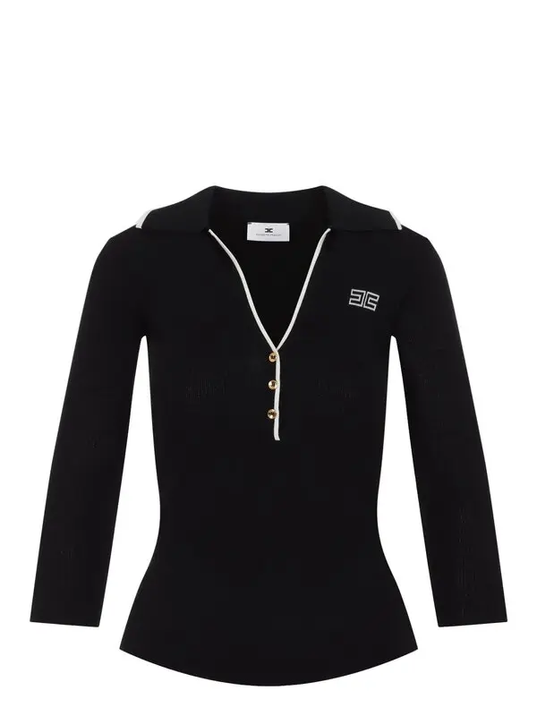 Elisabetta Franchi Wool Blend Polo Neck Knit Sweater - Black