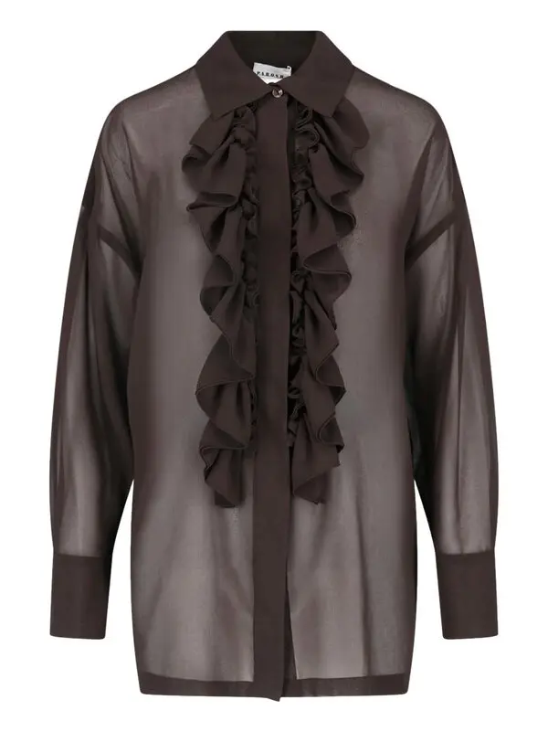 PAROSH Sheer Ruffle Front Button-up Shirt - Brown