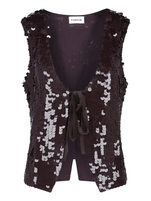 PAROSH Sleeveless Sequined V-neck Vest - Brown