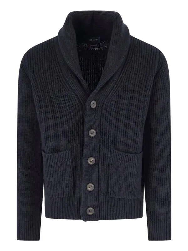 DRUMOHR 100% Merino Wool Shawl Collar Cardigan - Blue