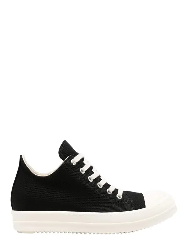 Rick Owens Overdyed Denim Lace-up Sneakers With Round Leather Toe - Nero