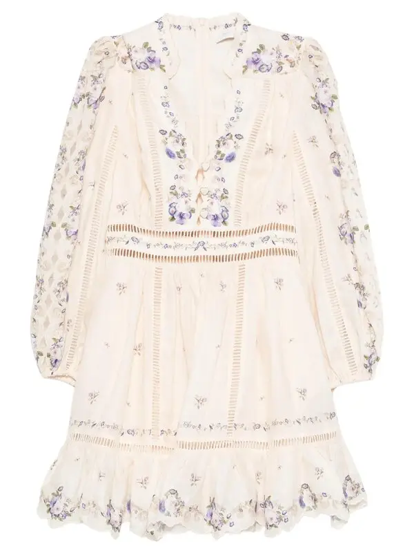 Zimmermann Deep V-neckline Rouleau Button Linen Mini Dress With Scalloped Trim - Bianco