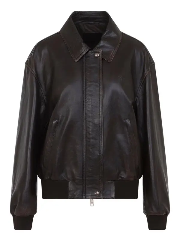Prada Lambskin Leather Bomber Jacket - Brown
