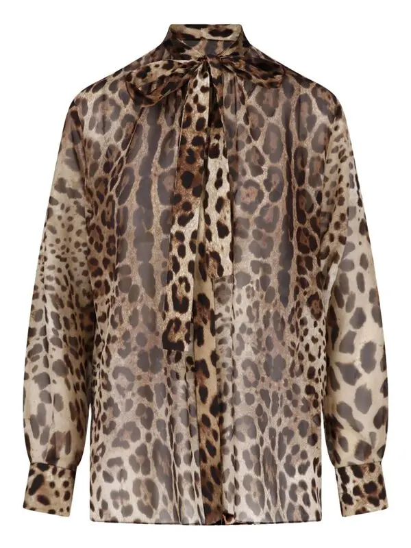 Dolce & Gabbana Leopard Print Silk Blend Blouse With Pussy Bow - Brown