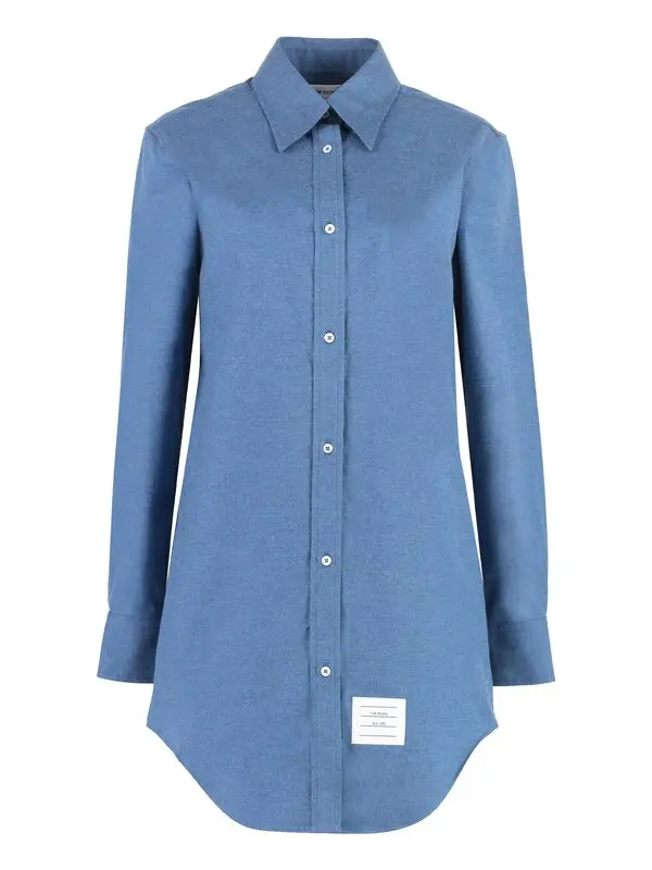 Thom Browne Cotton Button-up Shirt With Logo Patch - Blue