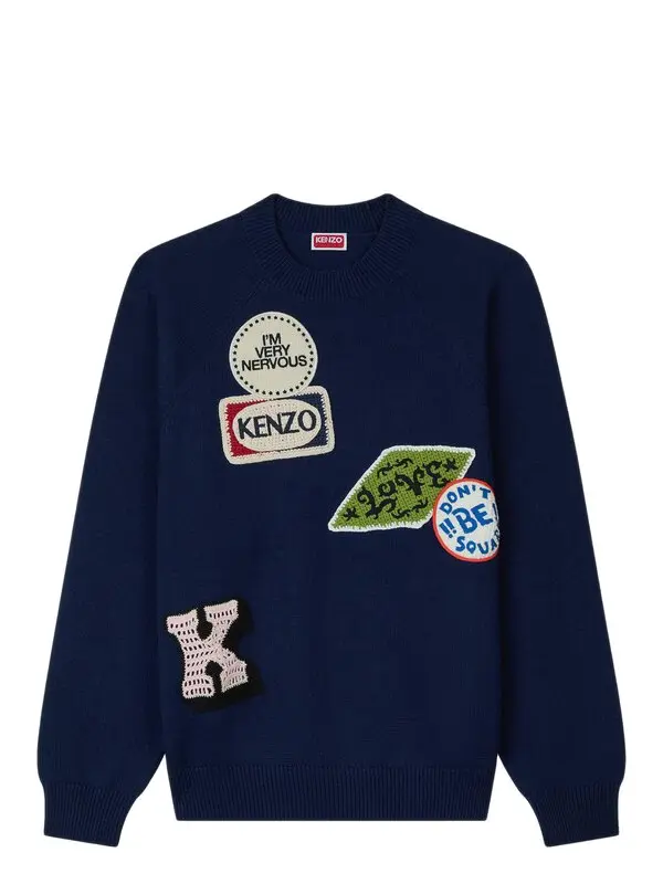 Kenzo Embroidered Crochet-patch Crewneck Sweater - Blu