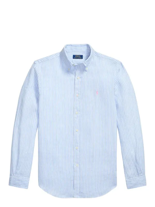 Polo Ralph Lauren Striped Linen Custom-fit Shirt With Embroidered Logo - Azzurro