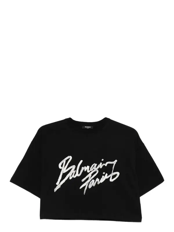 Balmain Cropped T-shirt With Front Logo - Nero