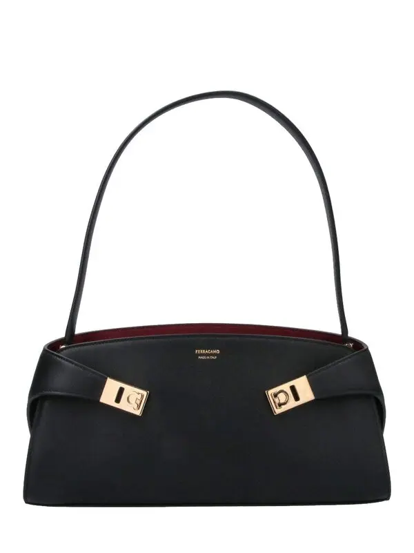 FERRAGAMO Italian Calf Leather Shoulder Bag With Gold Tone Hardware - Black