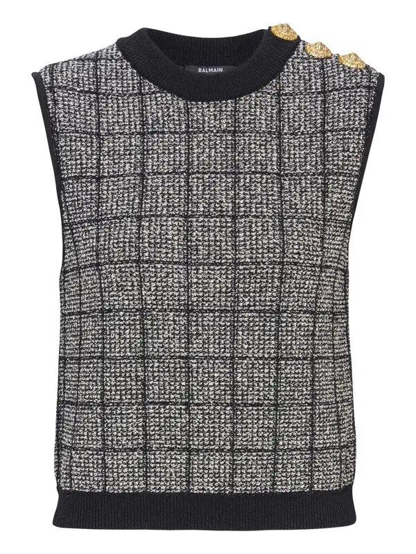 Balmain Tweed Knit Pullover With Lion-head Button Placket - Nero