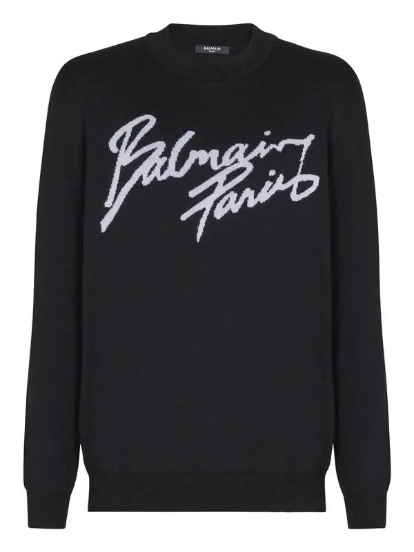 Balmain Merino Wool Blend Sweater With Intarsia Logo - Nero