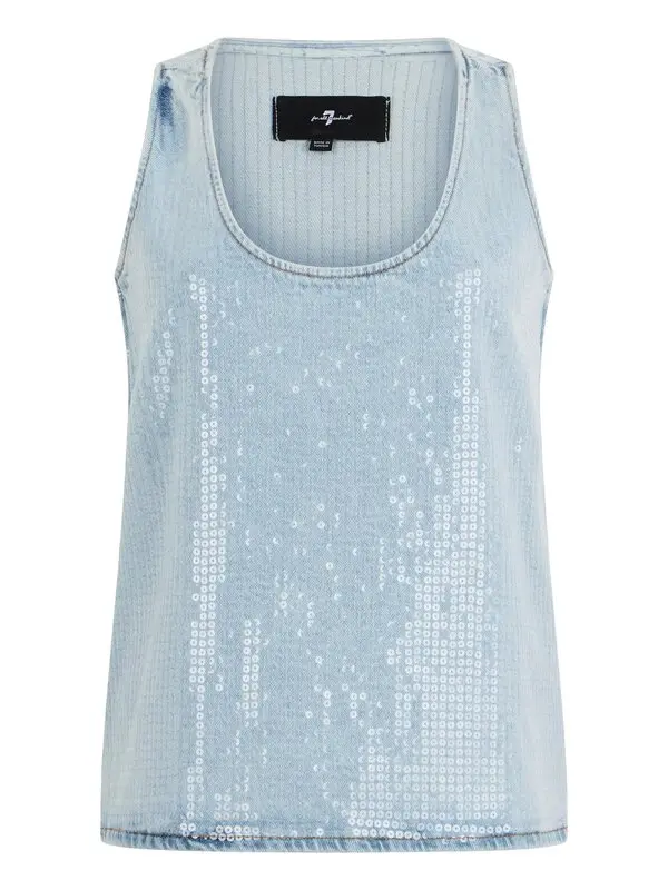 7 For All Mankind Sleeveless Denim Sequin Top - Light Blue