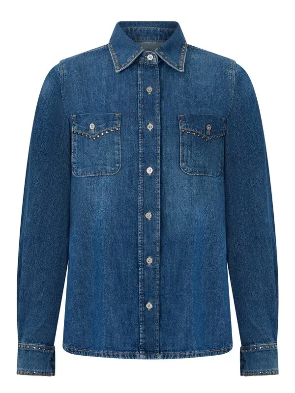 7 For All Mankind Embellished Cotton Denim Shirt - Blue