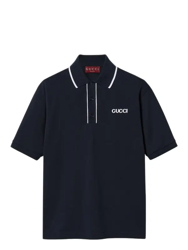 Gucci Embroidered Stretch Cotton Piqué Polo Shirt With Ribbed Trim And Button Closure - Blu