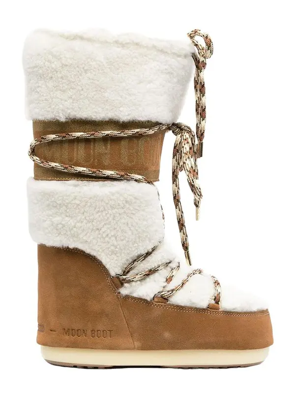 Moon Boot Shearling Waterproof Boots With Logo Print And Crisscross Laces - Marrone