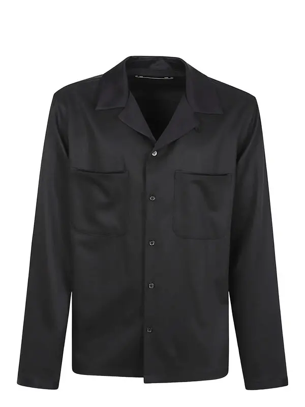 GOLDEN GOOSE Regular-fit Wool Camp-collar Shirt With Satin Lapel & Cuff Details, Welt Chest Pockets - Nero