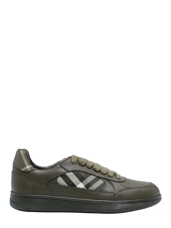 Burberry Equestrian Knight Lace-up Leather Sneakers With Woven Check Side Panels - Verde
