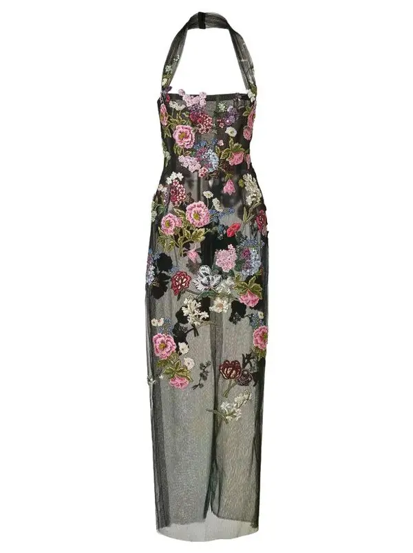 Carolina Herrera Floral Embroidered Tulle Column Gown - Black
