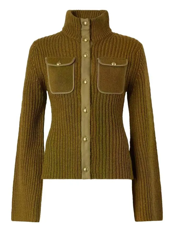 Pinko Ribbed Knit Buttoned Cardigan With High Neck - Green