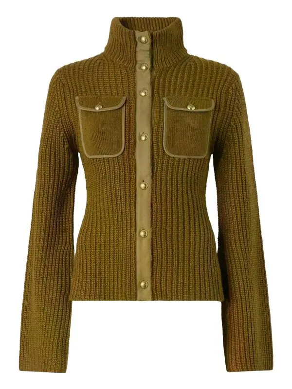 Pinko Ribbed Knit Buttoned Cardigan With High Neck - Green