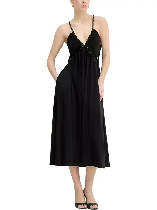 FRACOMINA V-neck Sleeveless Midi Dress With Smocked Back And Wide Skirt - Black