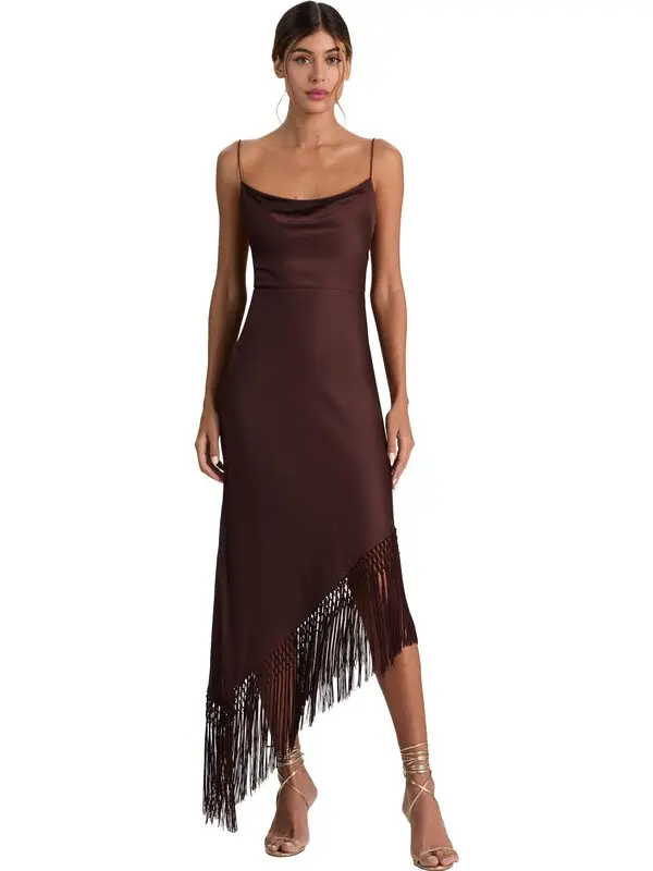 Alice + Olivia Harmony Asymmetrical Fringe Maxi Dress - Dark Chocolate