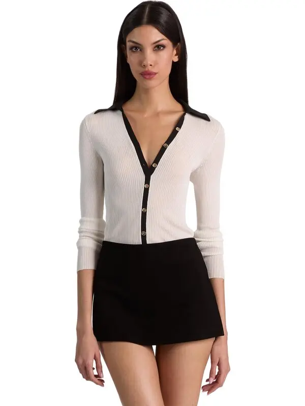 Alice + Olivia Ribbed Collared Cardigan - Soft White/black